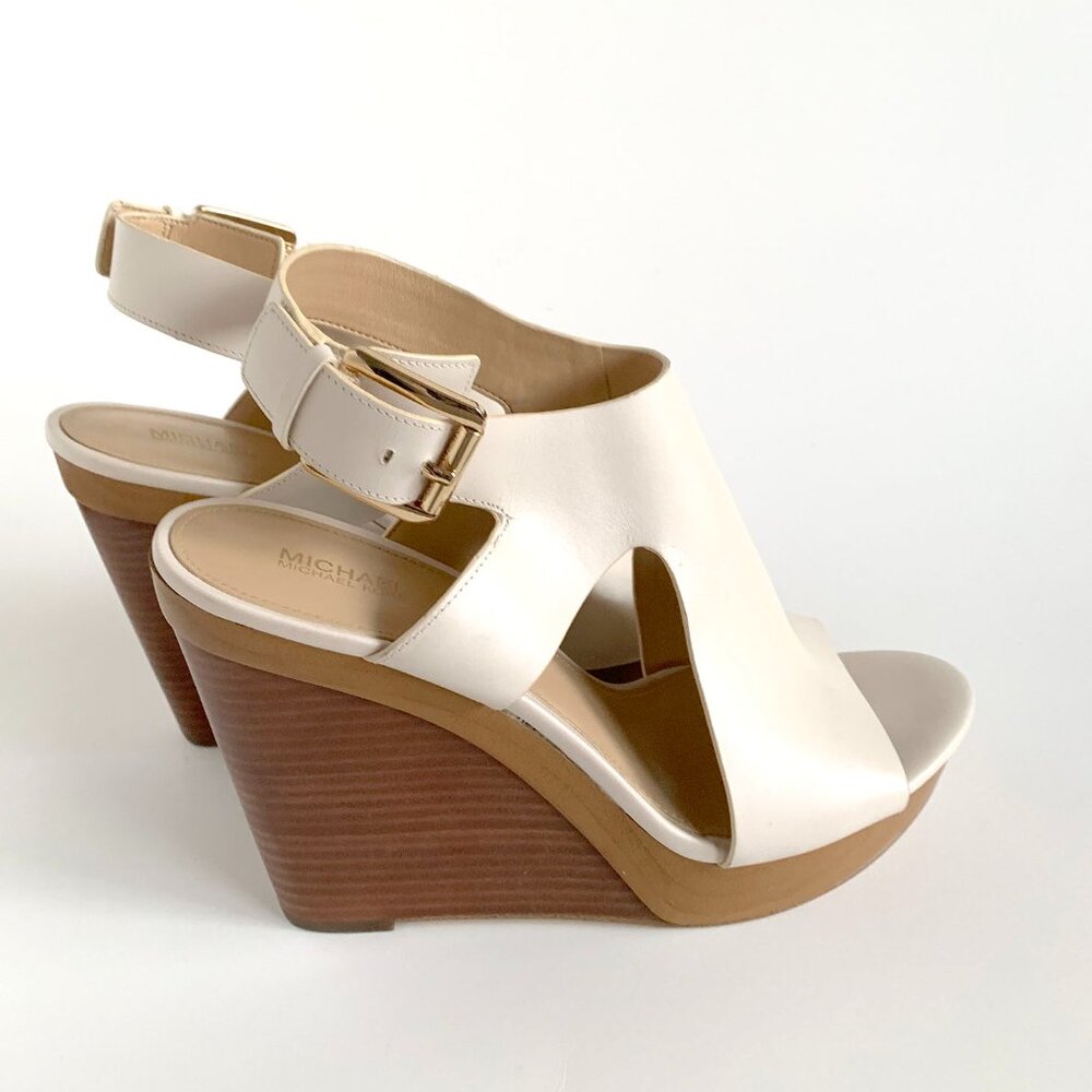 Michael Michael Kors Ivory Leather Wooden Wedges Size… - Gem